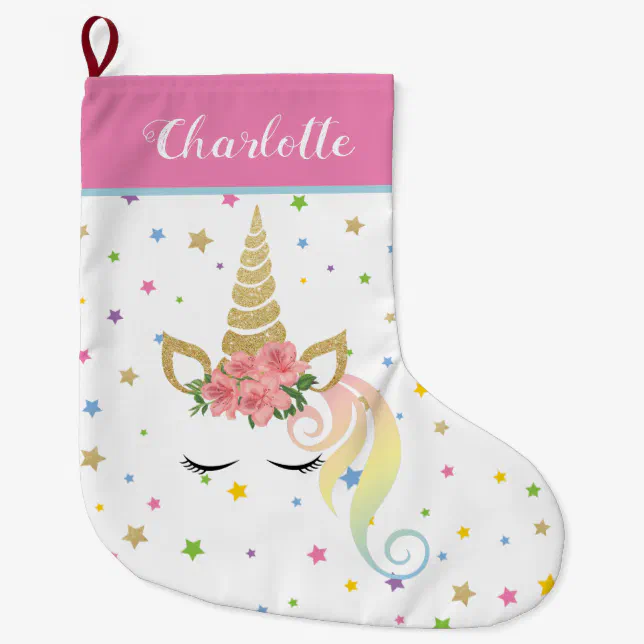 Girly Cute Magical Unicorn Personalized Large Christmas Stocking | Zazzle