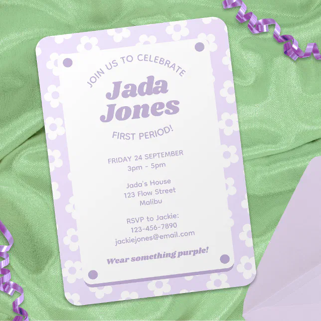 Girly Cute Purple Flowers First Period Party Invitation | Zazzle