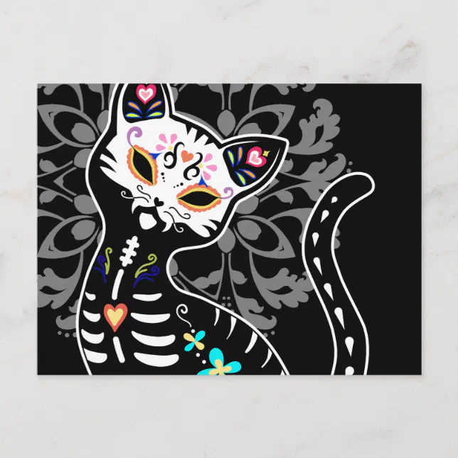 Girly Day of the Dead cute cat custom black Postcard | Zazzle