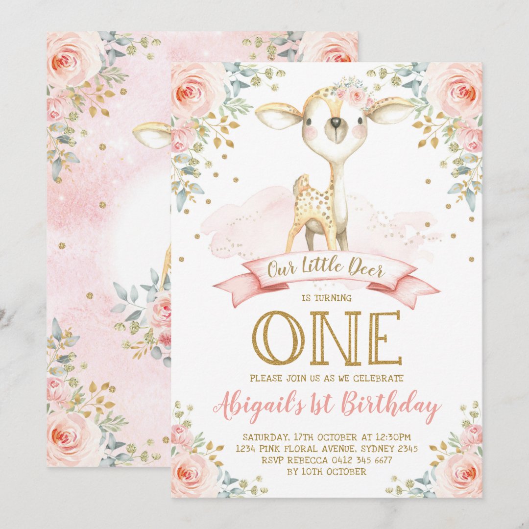 Girly Deer 1st Birthday Blush Gold Floral Woodland Invitation | Zazzle