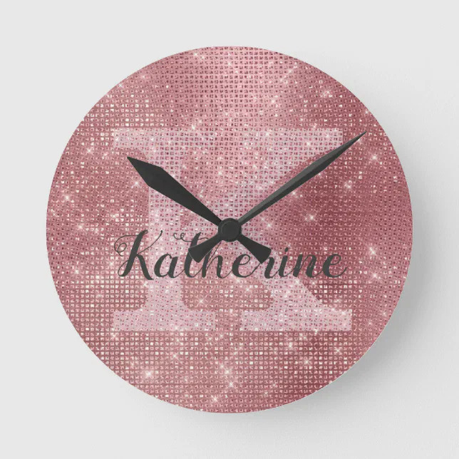 Girly Dusty Rose Gold Sparkle Glam Monogram Name Round Clock | Zazzle