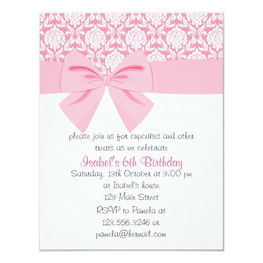 Girly Elegant Pink Damask Wrap Bow Birthday Party Invitation | Zazzle.com