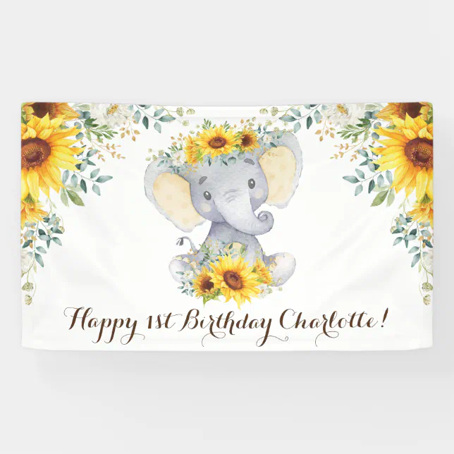 Girly Elephant Rustic Sunflowers Happy Birthday Banner | Zazzle