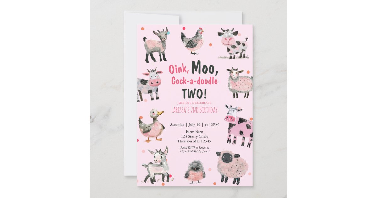 Girly Farm Animal Second Birthday Invitation | Zazzle
