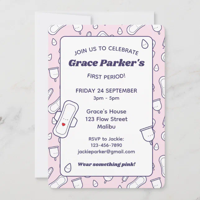 Girly First Period Pink Cute Menstrual Pad Party Invitation | Zazzle