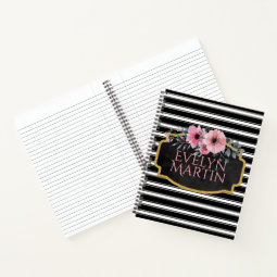 Girly Floral Gold Black & White Stripes Notebook | Zazzle