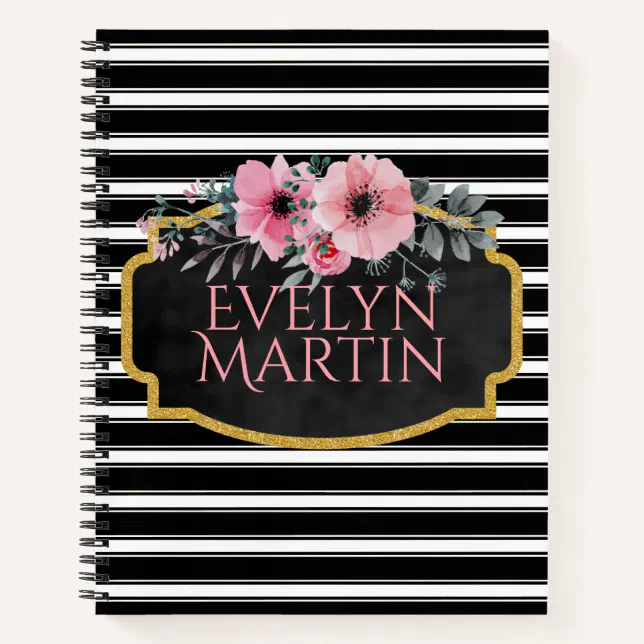 Girly Floral Gold Black & White Stripes Notebook | Zazzle