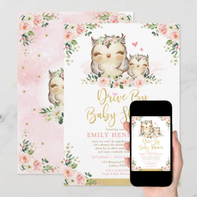 Girly Floral Owl Drive By Baby Shower Quarantine Invitation | Zazzle