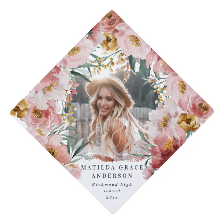 Girly floral pink botanical photo graduation graduation cap topper | Zazzle