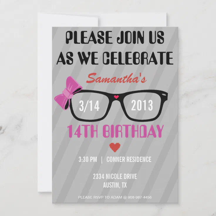 Girly Geek Glasses & Hearts Birthday Invitation | Zazzle