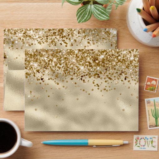 Girly Glam Gold Glitter Sparkle Confetti Envelope | Zazzle