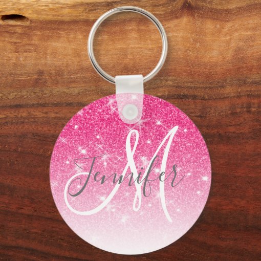 Girly Glam Hot Pink Glitter Sparkles Monogram Name Keychain | Zazzle
