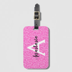Girly Glam Hot Pink Glitter Sparkles Monogram Name Luggage Tag | Zazzle
