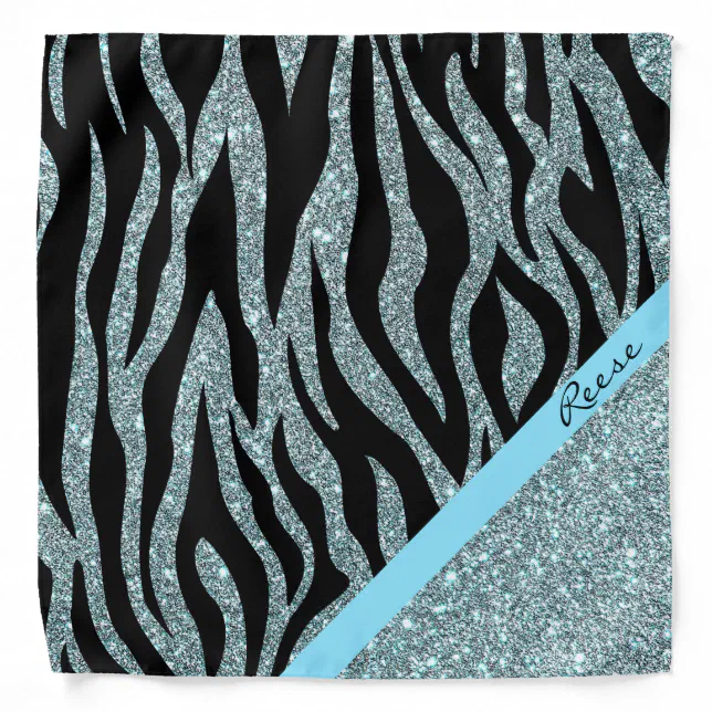 Girly Glitter Silver Teal Zebra Glam Add Your Name Bandana | Zazzle