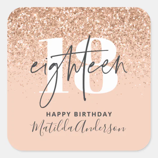 Girly glitter sparkle modern 18th birthday party square sticker ...