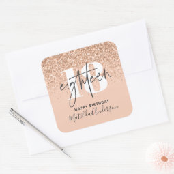 Girly glitter sparkle modern 18th birthday party square sticker | Zazzle