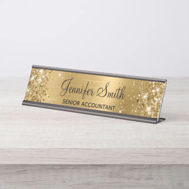 Girly Glittery Faux Gold Foil Desk Name Plate | Zazzle