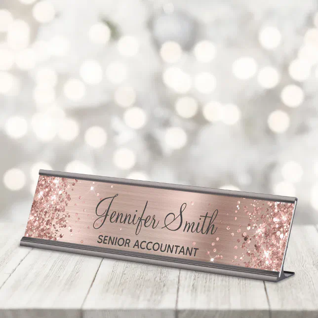 Girly Glittery Faux Rose Gold Foil Desk Name Plate | Zazzle