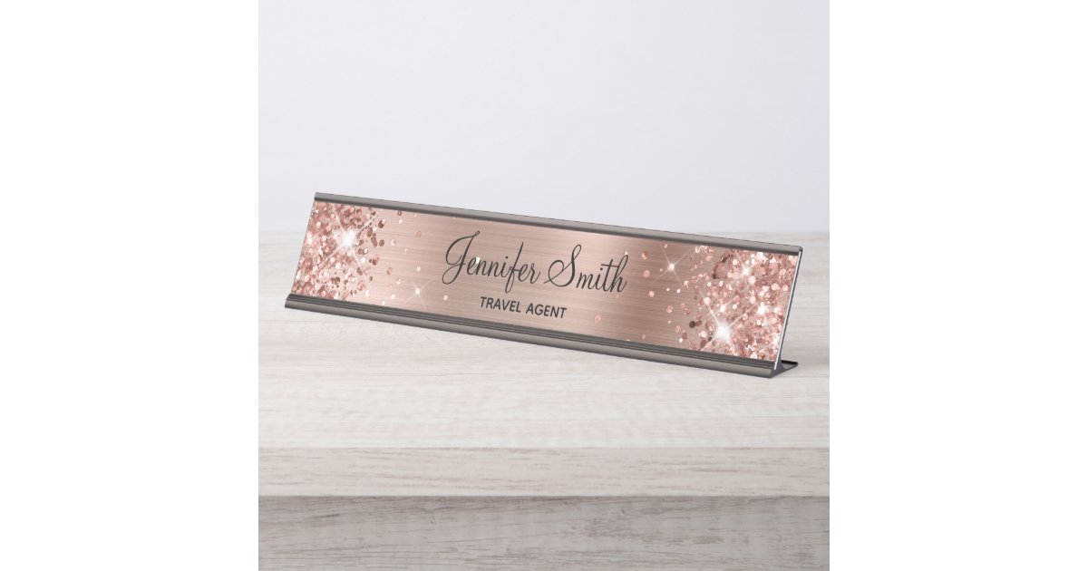 Girly Glittery Rose Gold Foil Desk Name Plate | Zazzle