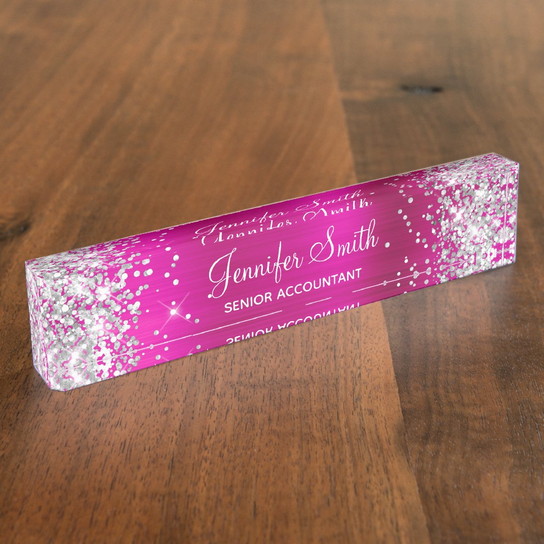 Girly Glittery Silver Faux Hot Pink Foil Desk Name Plate | Zazzle