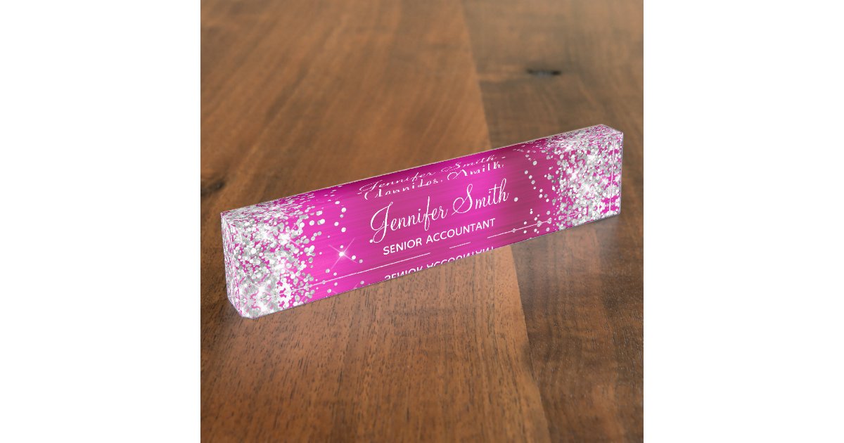 Girly Glittery Silver Faux Hot Pink Foil Desk Name Plate | Zazzle