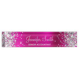 Girly Glittery Silver Faux Hot Pink Foil Desk Name Plate | Zazzle
