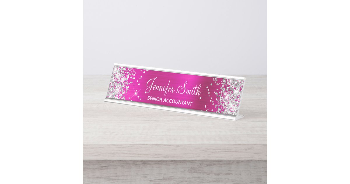 Girly Glittery Silver Faux Hot Pink Foil Desk Name Plate | Zazzle