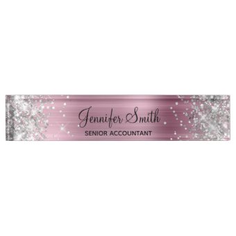 Girly Glittery Silver Faux Light Pink Foil Desk Name Plate | Zazzle
