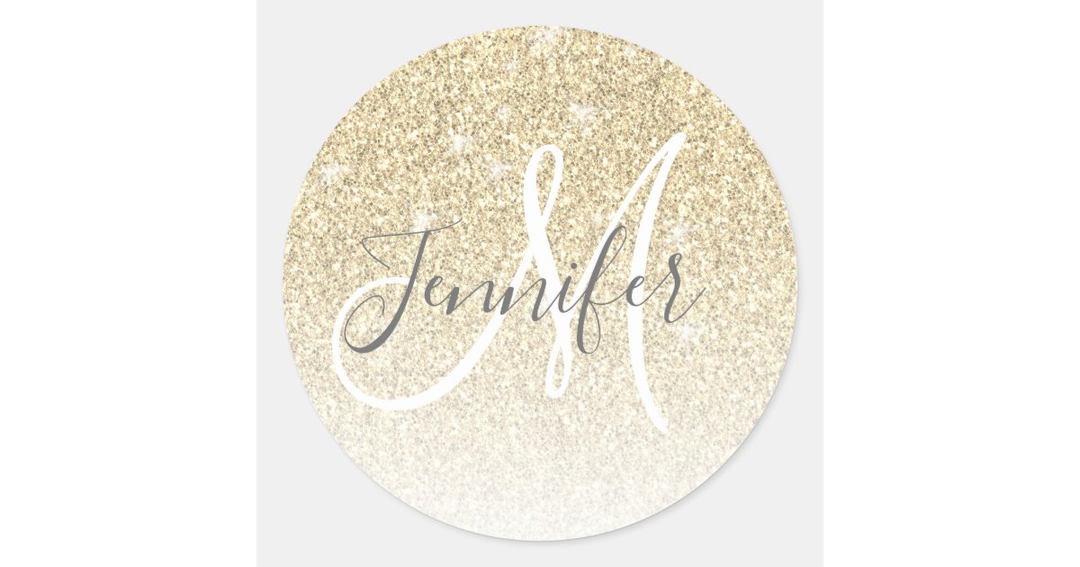 Girly Gold Glitter Sparkle Monogram Name Classic Round Sticker | Zazzle