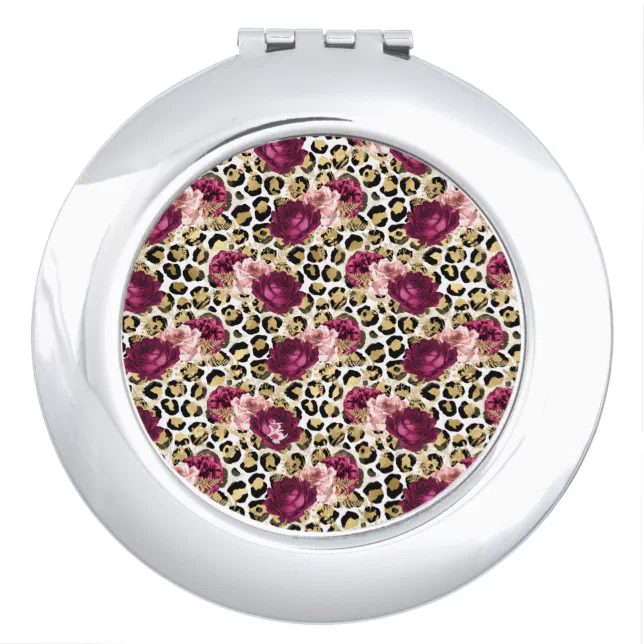 Girly Gold Pink Floral Leopard Print Compact Mirror | Zazzle