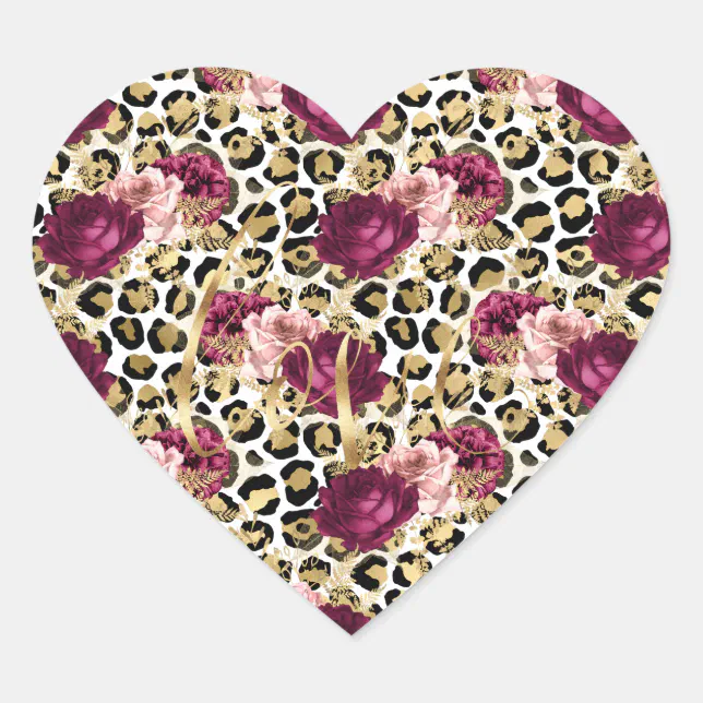 Girly Gold Pink Floral Leopard Print Love Heart Sticker | Zazzle