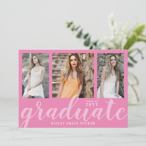 Girly Graduate 3-Photo Collage Pink Graduation Announcement | Zazzle