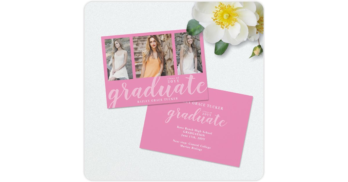 Girly Graduate 3-Photo Collage Pink Graduation Announcement | Zazzle