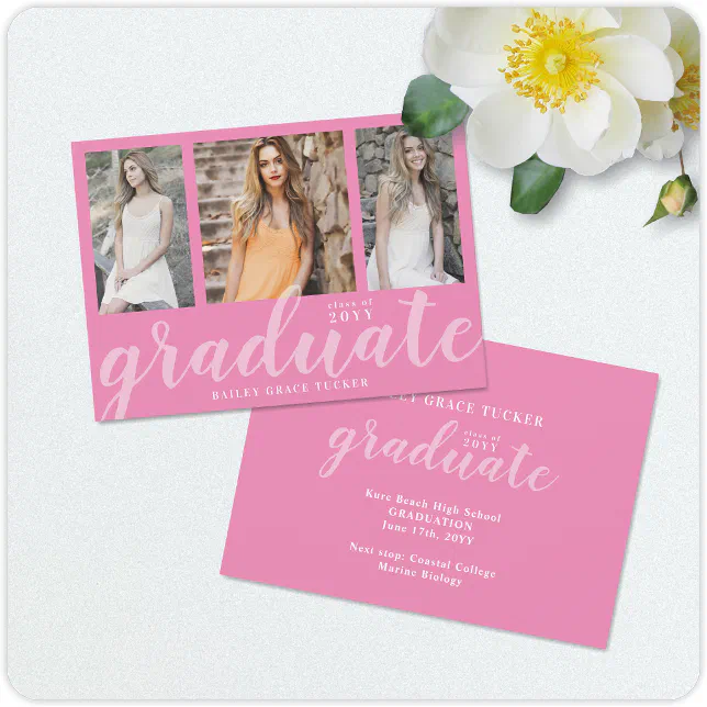 Girly Graduate 3-Photo Collage Pink Graduation Announcement | Zazzle