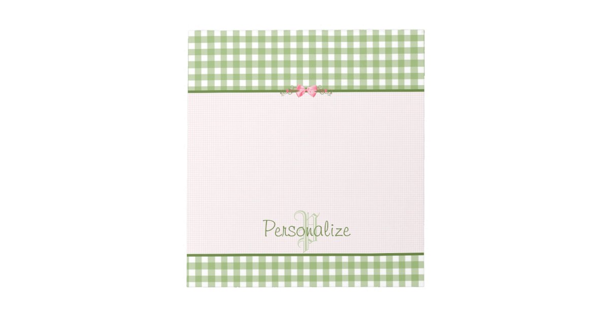 Girly Green Gingham Monogram With Name Notepad | Zazzle