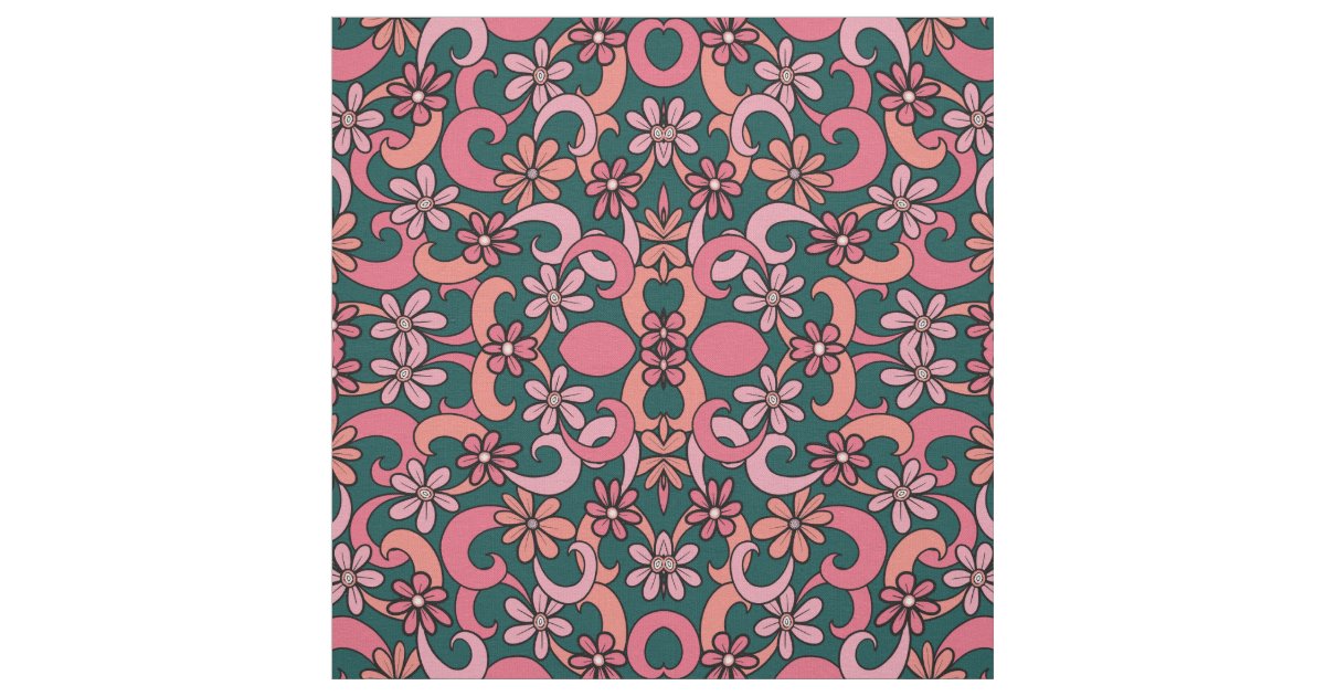 Girly Groovy Pink Coral Green 70s Flowers Pattern Fabric | Zazzle