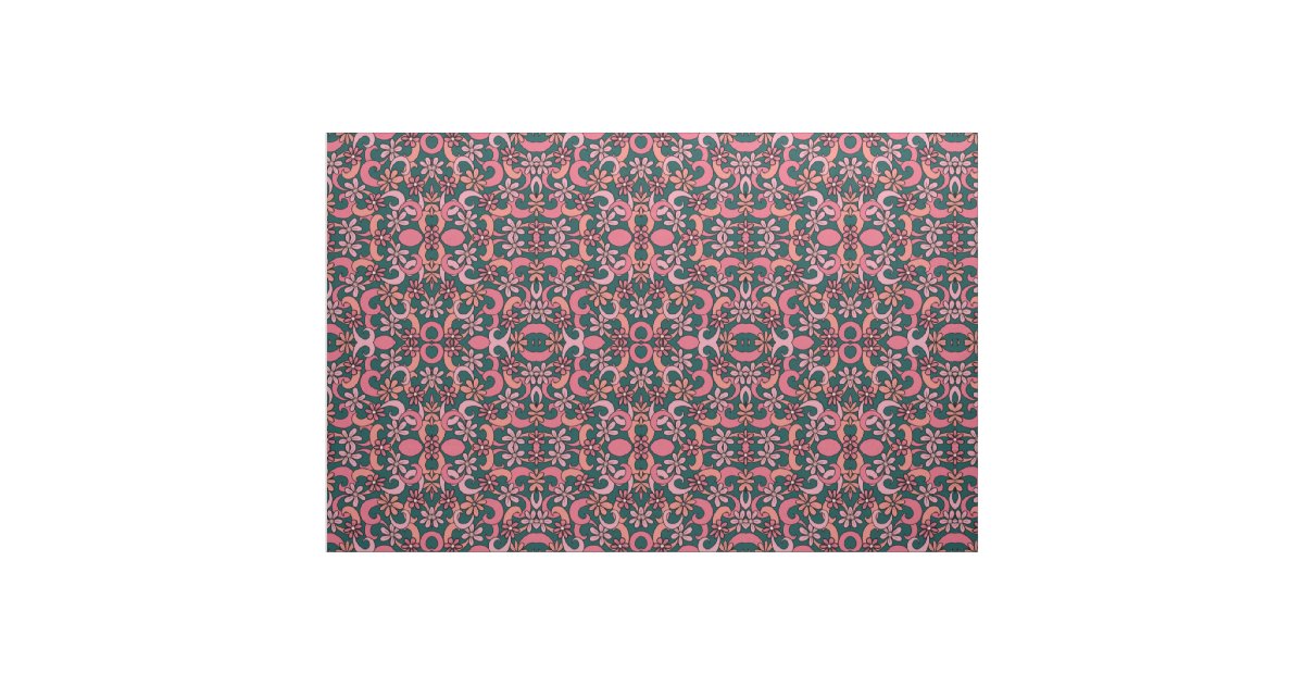Girly Groovy Pink Coral Green 70s Flowers Pattern Fabric | Zazzle