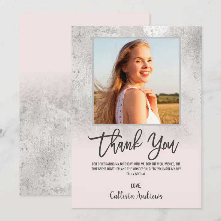 Girly Grunge Silver Pink Glitter Foil Photo Thank Thank You Card | Zazzle