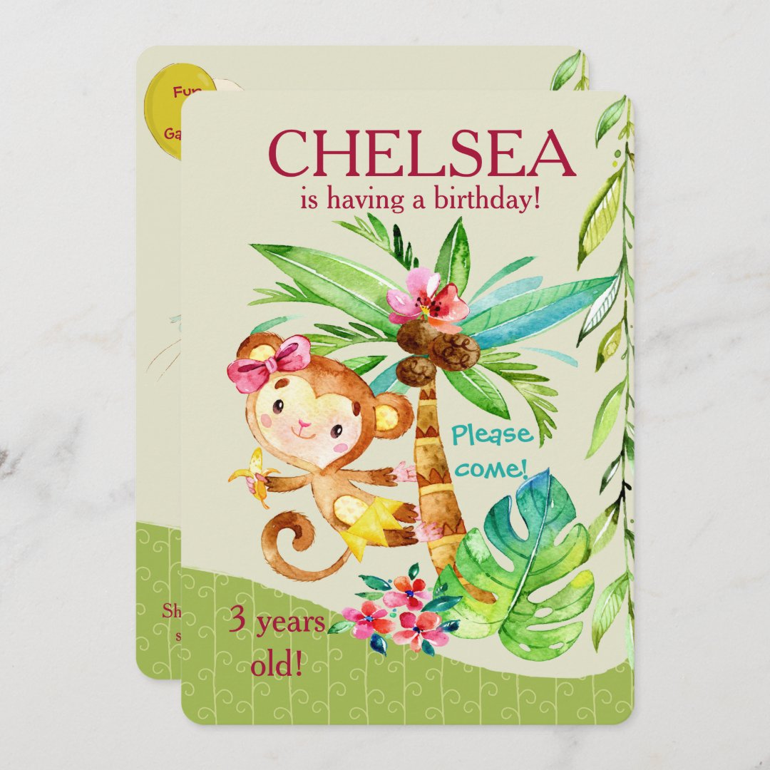 Girly Happy Monkey Birthday Invite | Zazzle