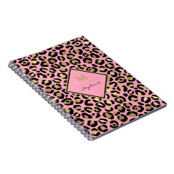 Girly Hot Pink Black & Gold Leopard Print Monogram Notebook | Zazzle
