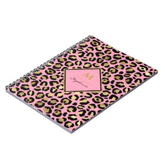 Girly Hot Pink Black & Gold Leopard Print Monogram Notebook | Zazzle