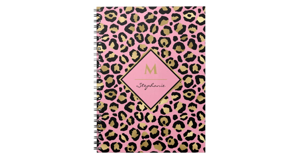 Girly Hot Pink Black & Gold Leopard Print Monogram Notebook | Zazzle