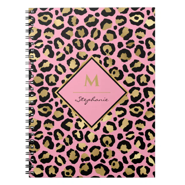 Girly Hot Pink Black & Gold Leopard Print Monogram Notebook | Zazzle