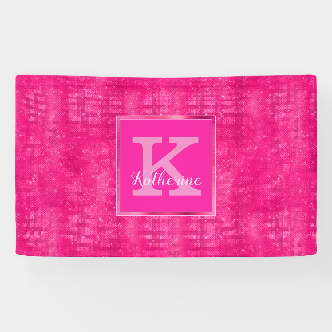 Girly Hot Pink Glam Diamond Sparkle Monogram Name Banner | Zazzle