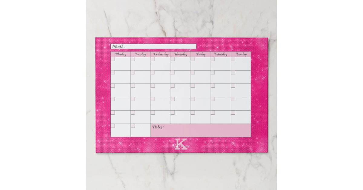 Girly Hot Pink Glam Monogram Name Desk Calendar Paper Pad | Zazzle
