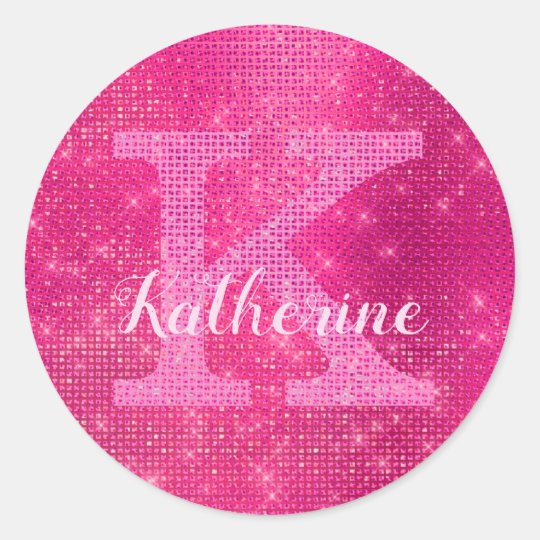 Girly Hot Pink Glitter Glam Sparkle Monogram Name Classic Round Sticker ...