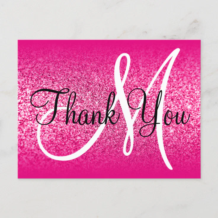 Girly Hot Pink Glitter Ombre Monogram Thank You Postcard | Zazzle