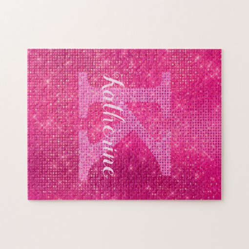 Girly Hot Pink Glitter Sparkle Bling Monogram Name Jigsaw Puzzle | Zazzle