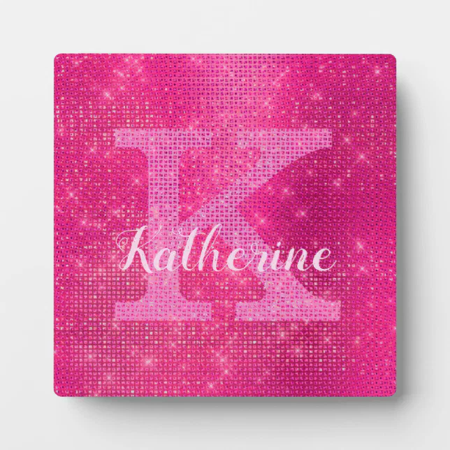 Girly Hot Pink Glitter Sparkle Glam Monogram Name Plaque | Zazzle