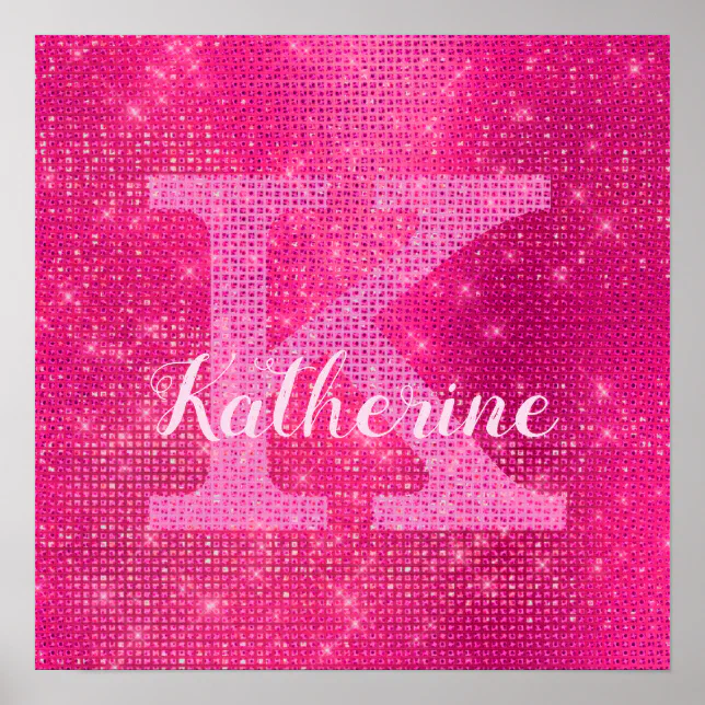 Girly Hot Pink Glitter Sparkle Glam Monogram Name Poster | Zazzle